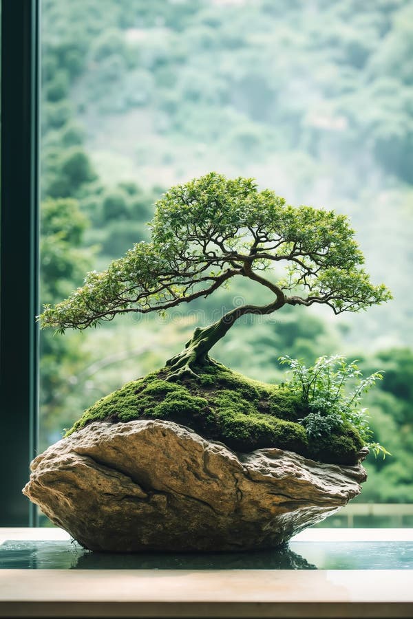 A Bonsai Tree Sitting on Top of a Rock in Front of a Window Stock Image ...