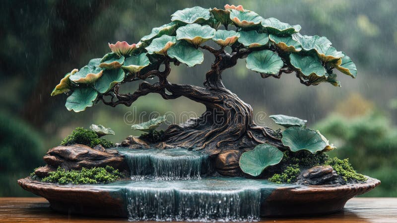 A Bonsai Tree with a Waterfall Cascading Down Rocks and Moss, with a ...