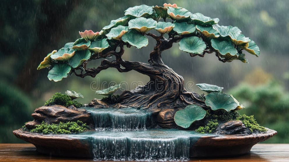 A Bonsai Tree with a Waterfall Cascading Down Rocks and Moss, with a ...