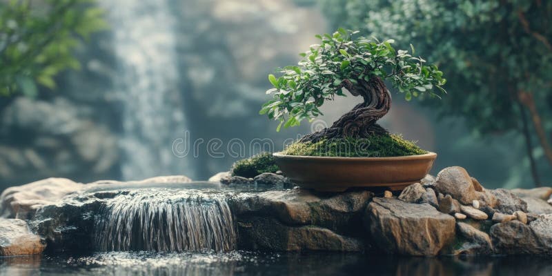 Bonsai Tree by Waterfall stock photo. Image of exotic - 378643758