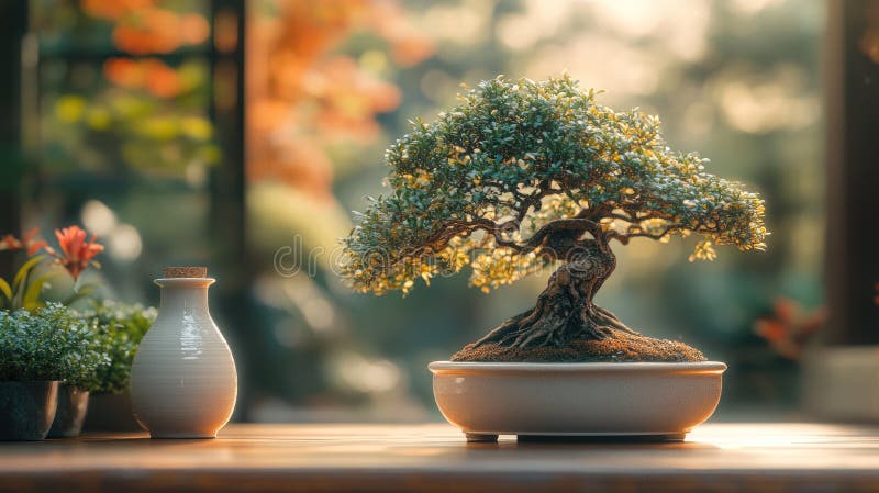 Bonsai Tree and White Bottle on Desk in Sunlight Stock Illustration ...