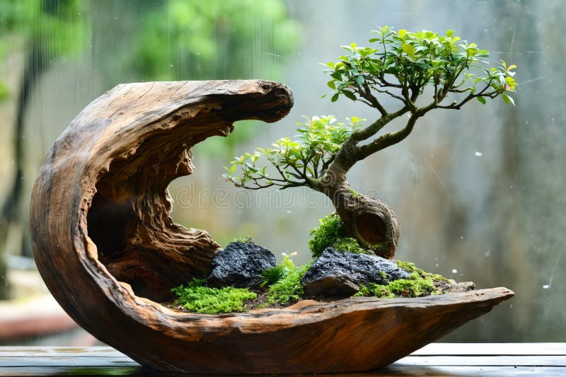 A Bonsai Tree in a Wooden Bowl on a Wooden Table Stock Image - Image of ...