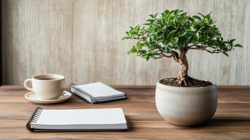 Bonsai Tree on Wooden Desk with Notebook and Coffee Cup Stock ...