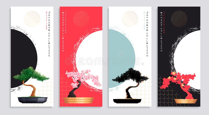 Bonsai Trees Banners Set stock vector. Illustration of template - 232105249
