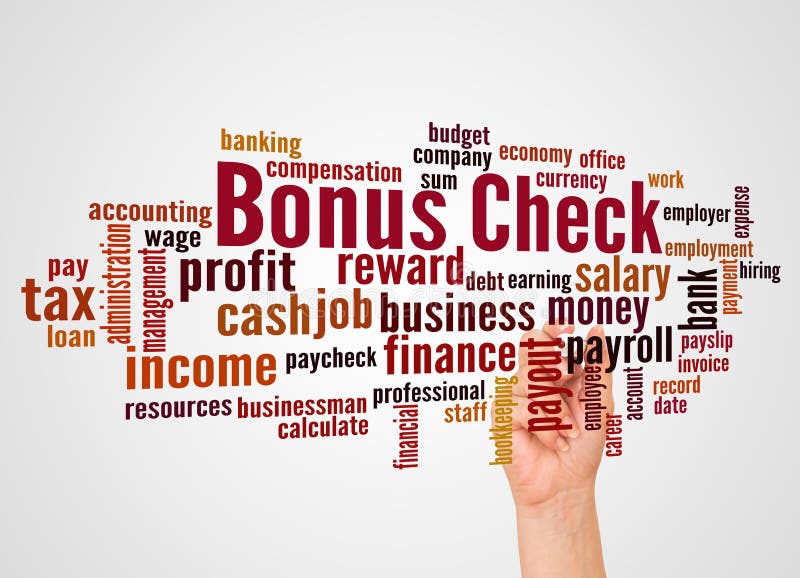 Bonus Check Word Cloud Concept and Hand with Marker Stock Image - Image ...