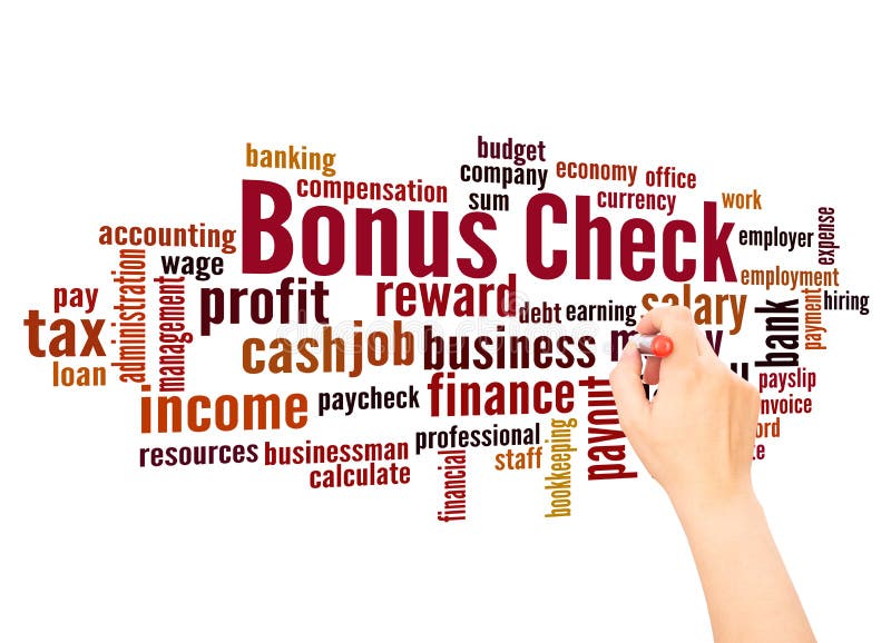 Bonus Check Word Cloud Concept and Hand Writing Stock Photo - Image of ...