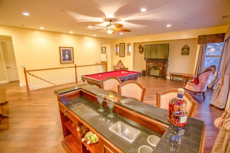Bonus room with pool table stock photo. Image of room - 95243242