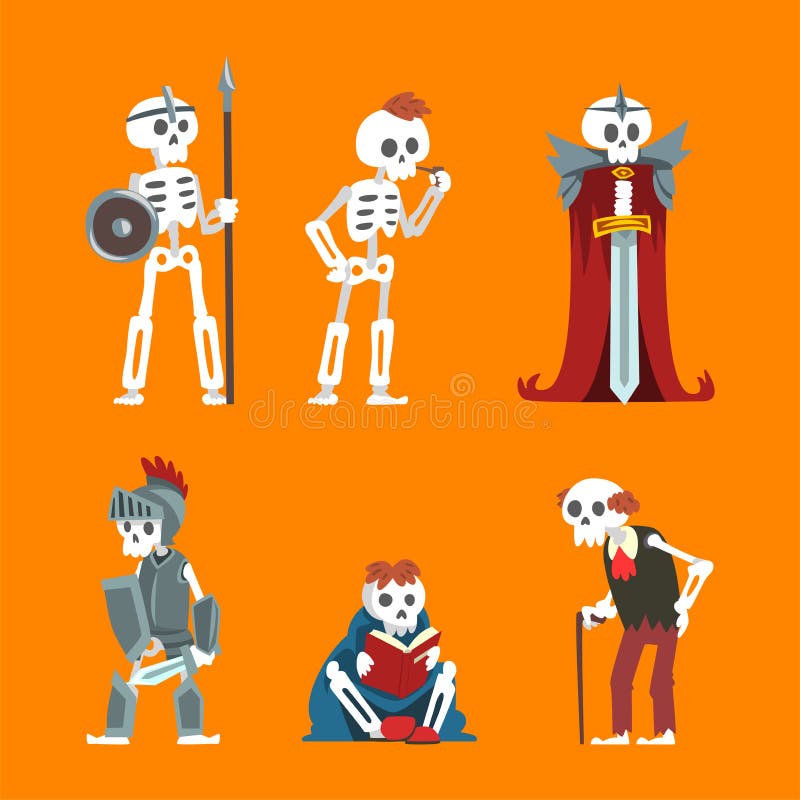 Bony Skeleton Character in Different Pose and Action Vector Set Stock ...