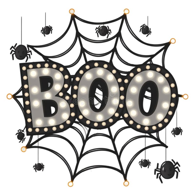 BOO in Bright, Bulb-lit Letters is Set Against a Backdrop of a Spider ...