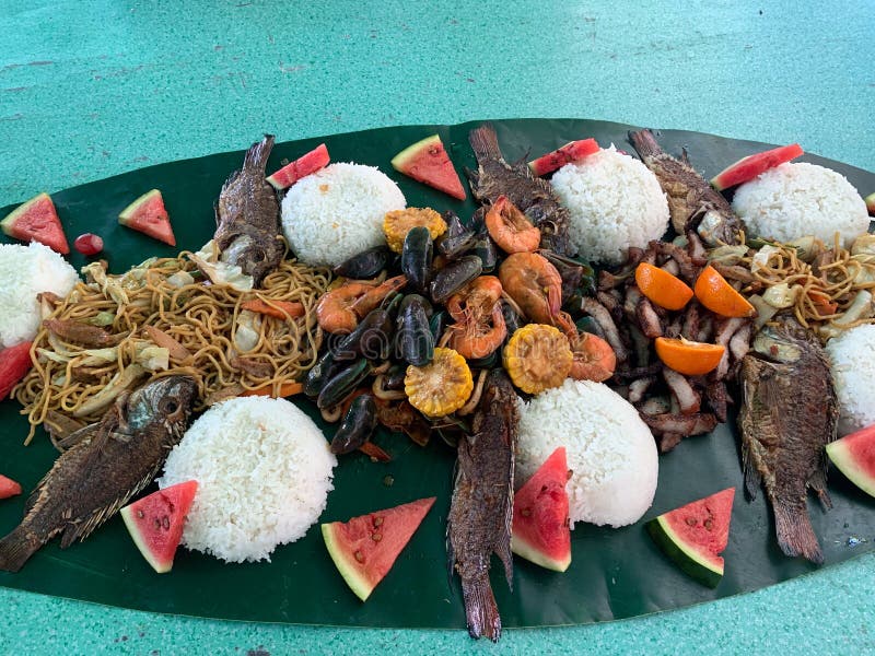 Boodle Fight Food on the Table Stock Image - Image of boodle, seafood ...