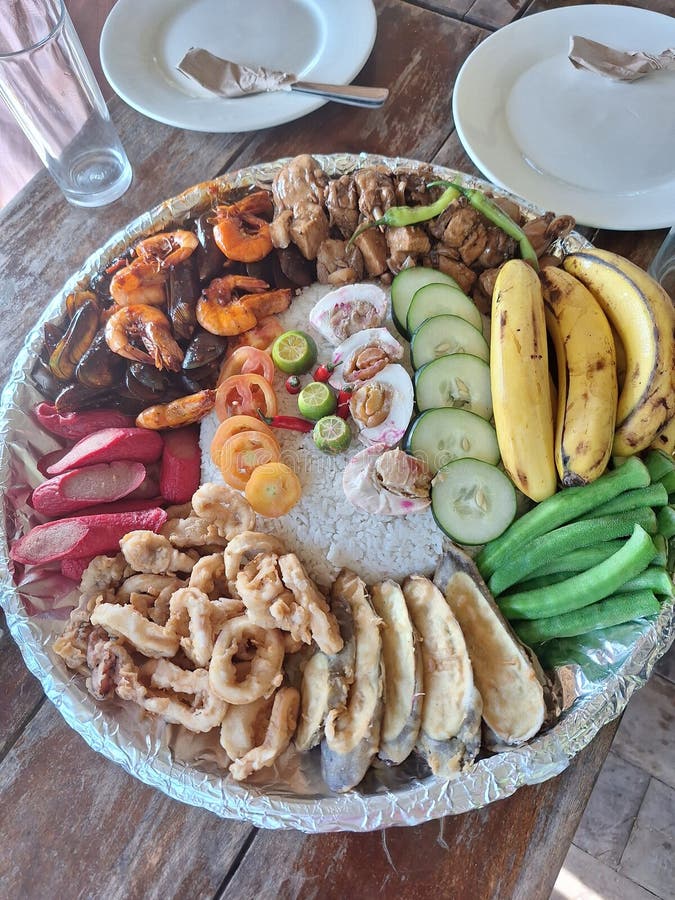 Boodle fight seafood stock photo. Image of banana, seafood - 297361130