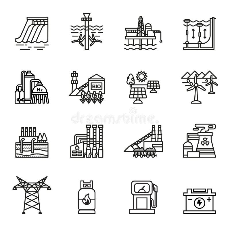 Energy Industry Icons Set. Different Kinds Enterprise, Linear Symbols ...