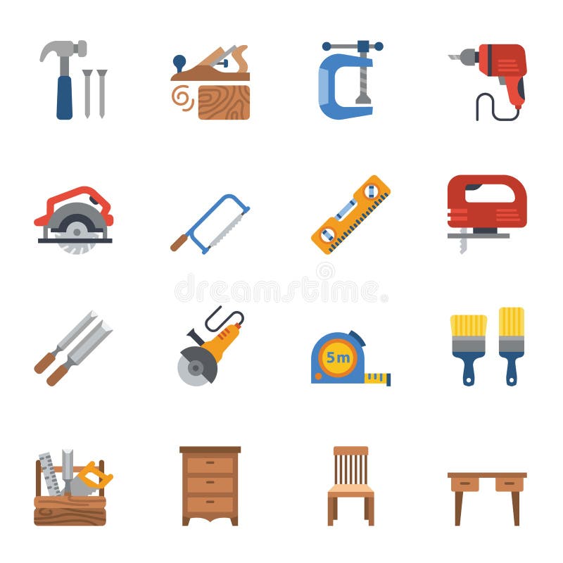 Carpenter Elements or Woodworker Icon Set 2. Colored Thin Line Style ...