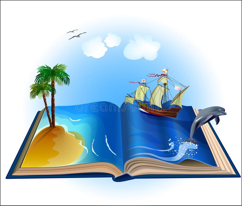 Open Book Adventure. Treasures, Pirates, Sailing Ships, Adventure Stock ...