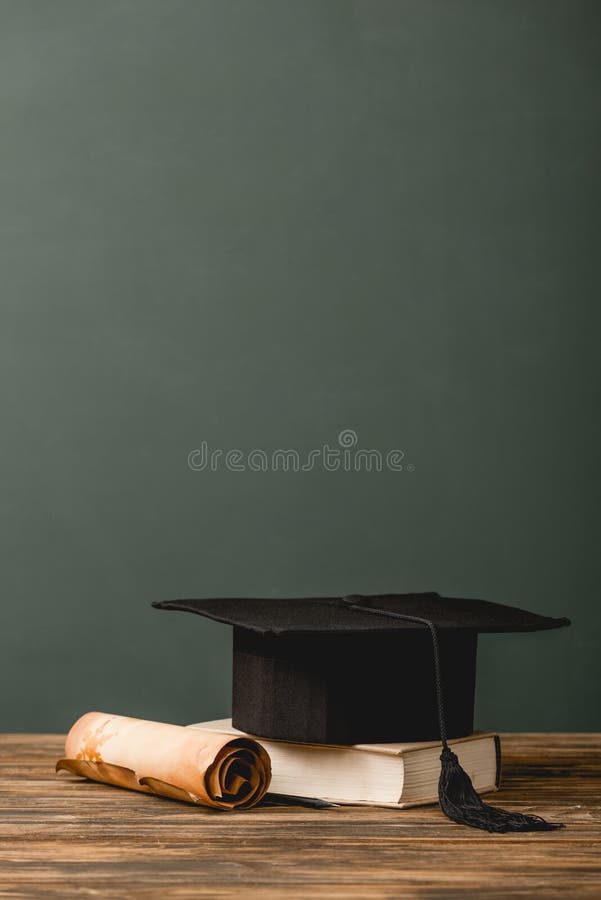 Book, Academic Cap and Scroll on Wooden Surface Stock Photo - Image of ...