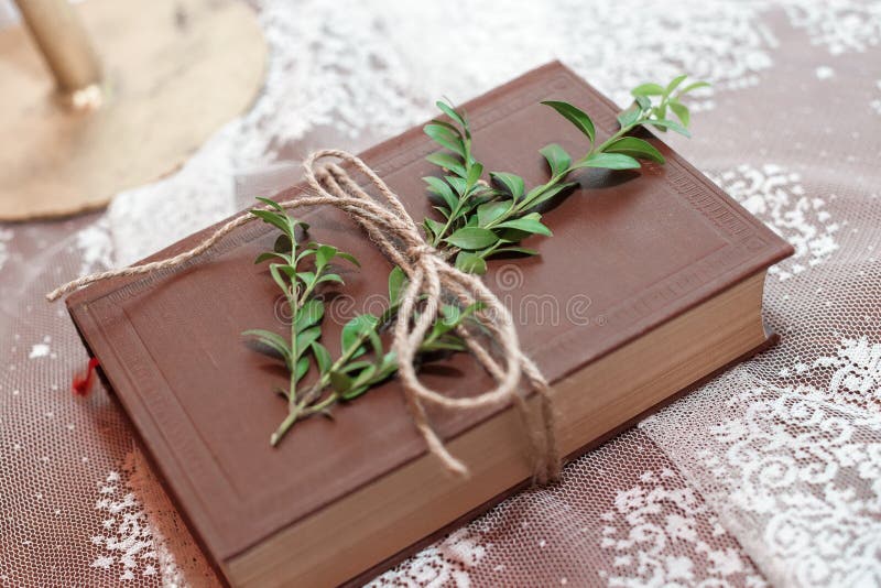 Book Adorned with Green Leaves on the Table Stock Photo - Image of ...