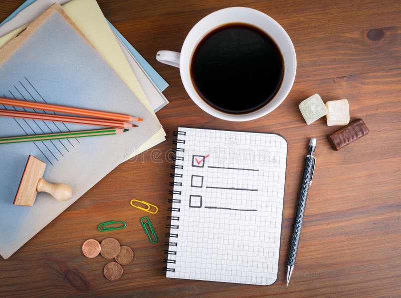 Book with Blank Checklist on Wooden Table Stock Photo - Image of ...