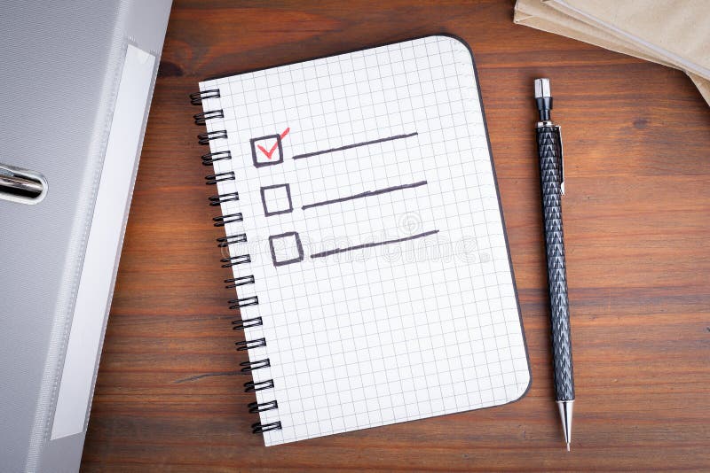 Book with Blank Checklist on Wooden Table Stock Photo - Image of books ...