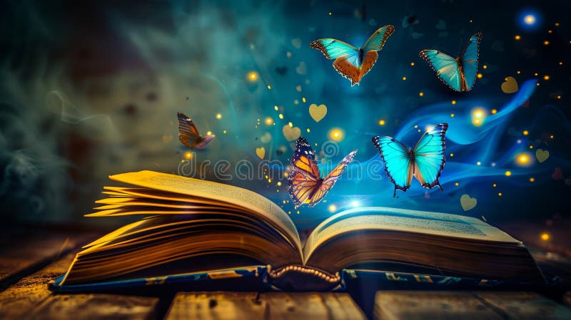 A Book with Butterflies Flying Around it Stock Photo - Image of open ...