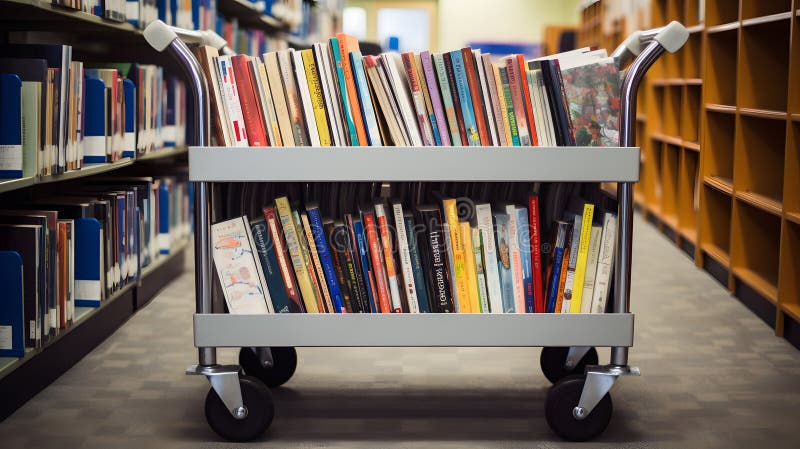 A Book Cart Filled with Novels in a School Library One Created with ...