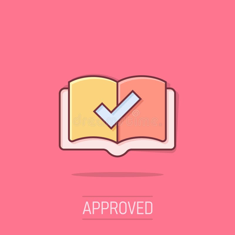 Book Check Mark Icon in Comic Style. Bookmark Approval Cartoon Vector ...