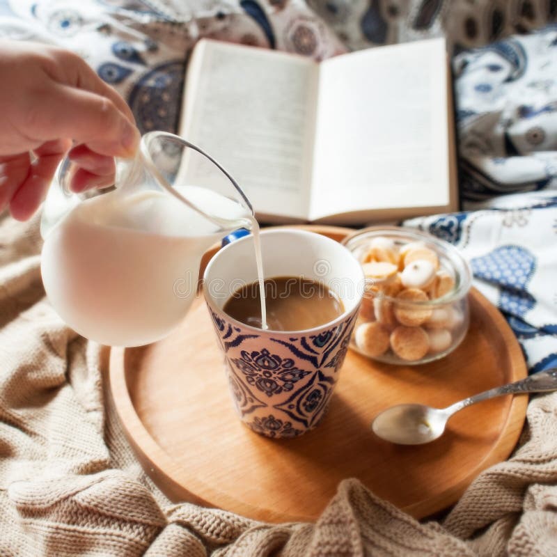 Book, coffee, bed stock photo. Image of open, paper, books - 87564352