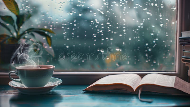 Book and Coffee Cup at Raining Window Concept Stock Illustration ...