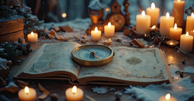 A Book with a Compass on it Sits on a Table with Lit Candles Around it ...