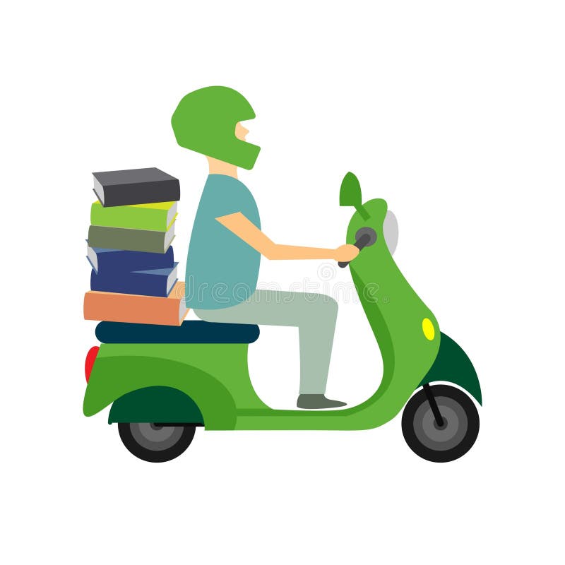 Courier with Books on Scooter, Book Delivery Concept Stock Vector ...