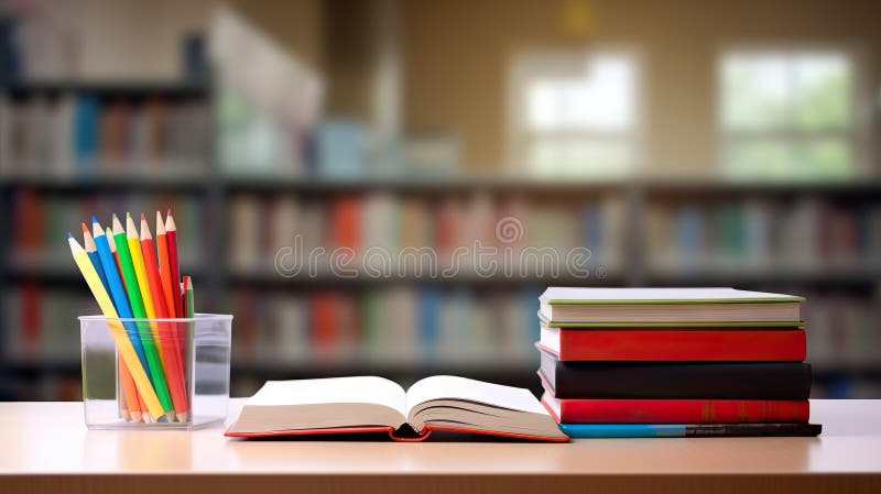 Book Elements Pen Pencil Eraser Blur Background Library. Stock Photo ...