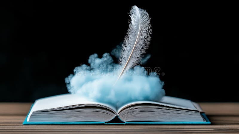 Book with a Feather Quill Surrounded by Clouds in a Dark Setting Stock ...