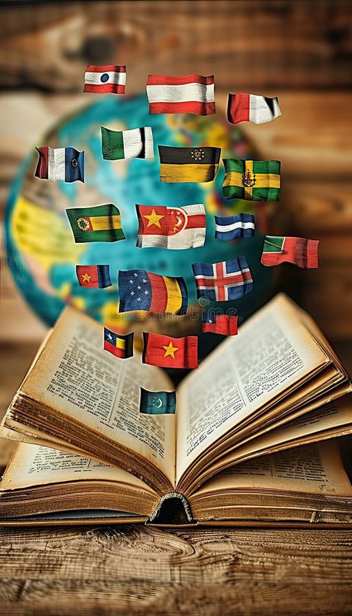 A Book with Flags Emerging, Set Against a Globe in the Backdrop Stock ...