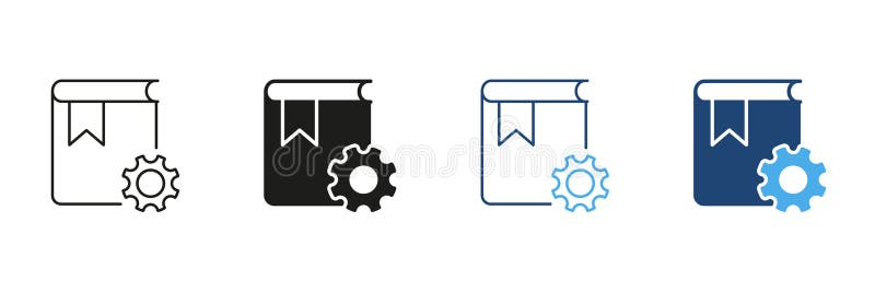 Book with Gear Icon Set. Knowledge Management, Technical Documentation ...