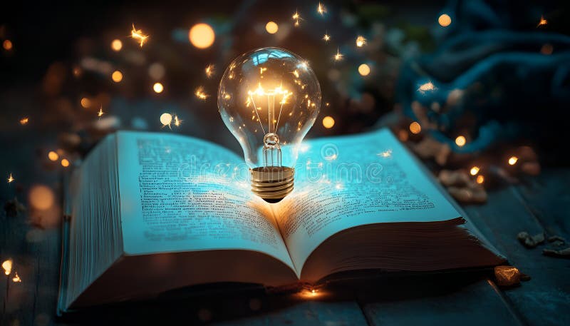Book with Glowing Light Bulb on Table and Magic Lights Stock Photo ...