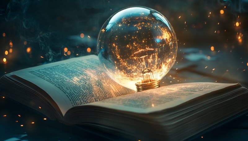 Book with Glowing Light Bulb on Table and Magic Lights Stock Image ...