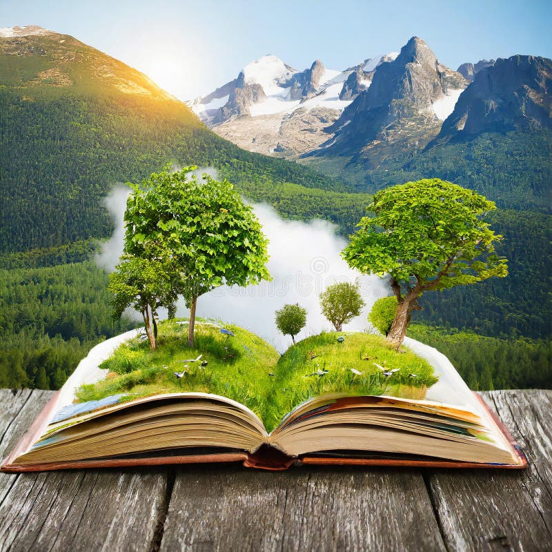 Open Book with Nature Landscape Stock Illustration - Illustration of ...