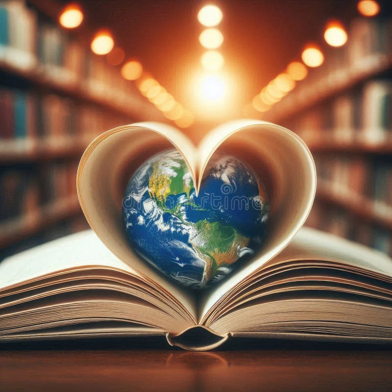 A Book with Heart Shape Page Folded and Planet Earth on Library Table ...