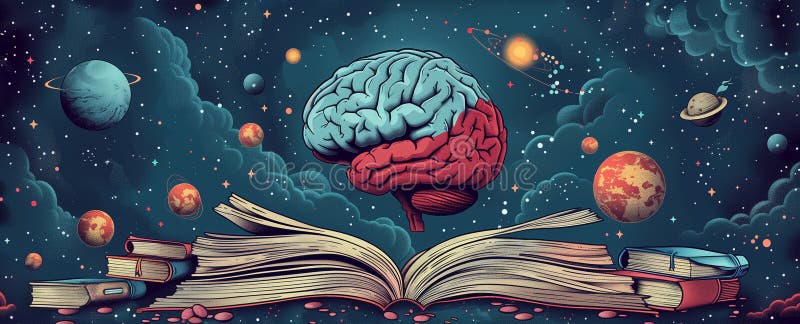 Book with Human Brain and Solar System, Education and Science Concept ...