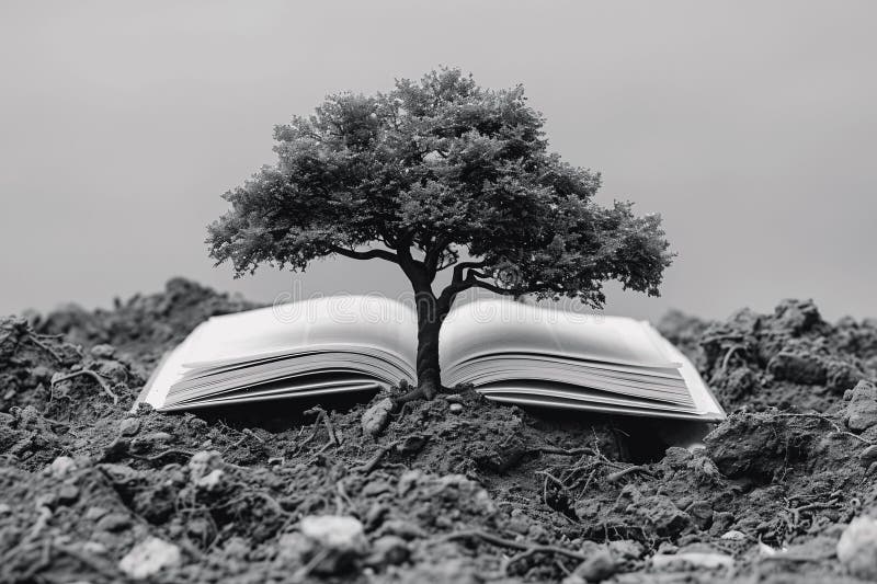 Open Book with Tree Silhouette Stock Illustration - Illustration of ...