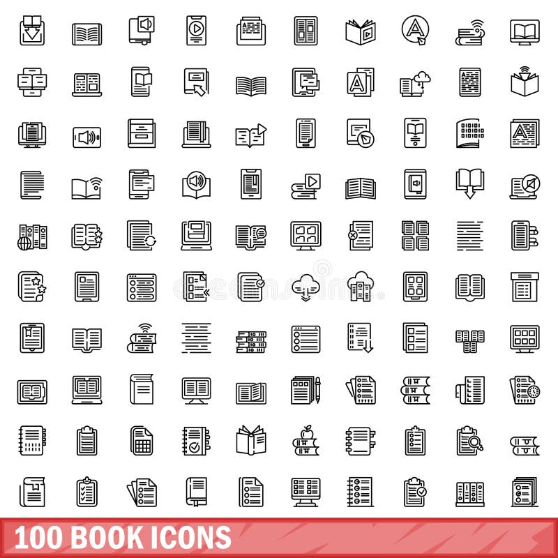 100 Book Icons Set, Outline Style Stock Vector - Illustration of ...