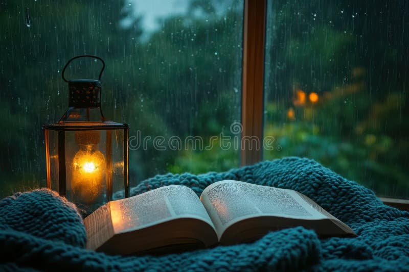 A Book and a Lantern Rest on a Bed while Rain Falls Outside. Stock ...