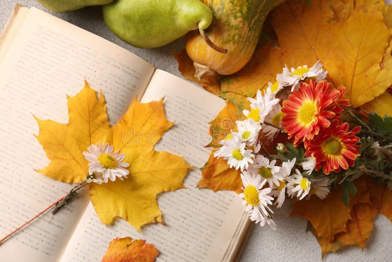 Book with Leaves and Beautiful Flowers As Bookmark on Table, Flat Lay ...