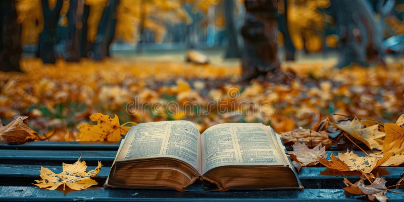 Book Left on a Bench Amidst Autumn Leaves, Evoking Solitude and the ...