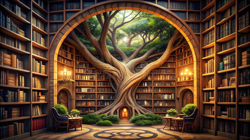 Book Library Interior with Tree and Bookshelf. 3D Rendering Stock ...