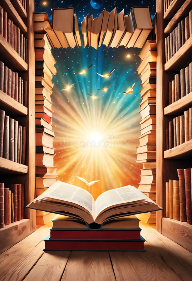 Book in Library with Magical Portal Background Stock Illustration ...