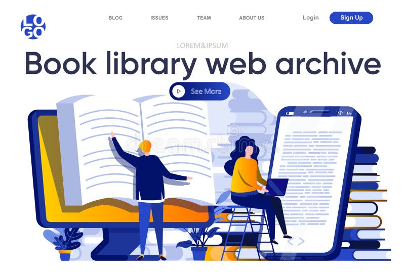 Book Library Web Archive Flat Landing Page. Students Online Reading ...