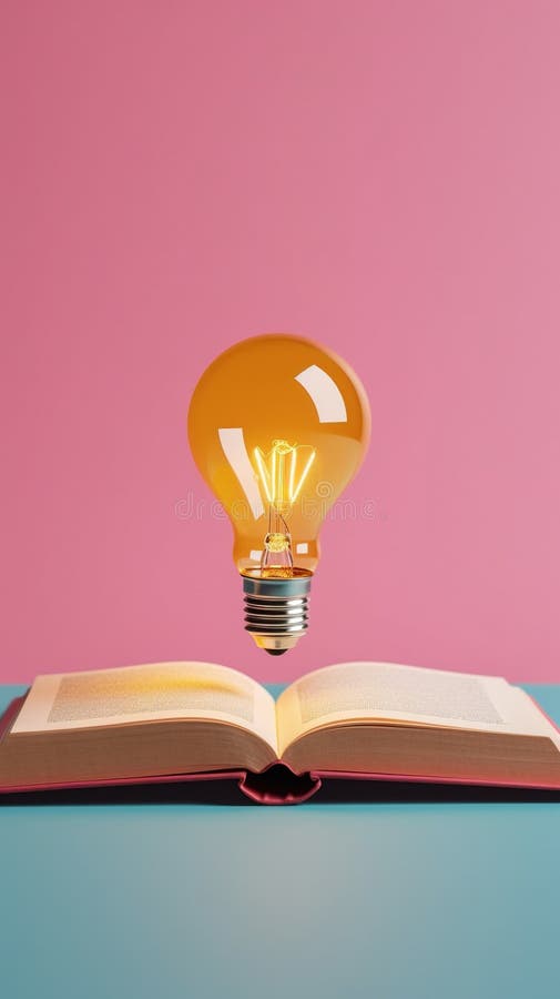 Book with Light Bulb. Lightbulb Floating from Open Book on Solid Color ...