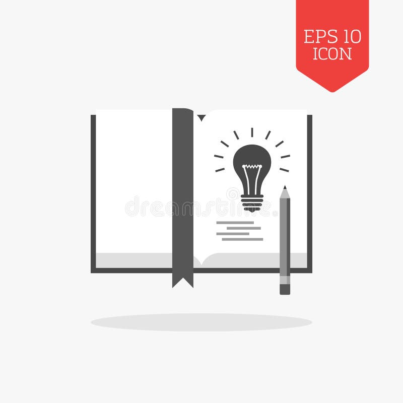 Book with Lightbulb, Note the Idea Concept Icon. Flat Design Gray Color ...