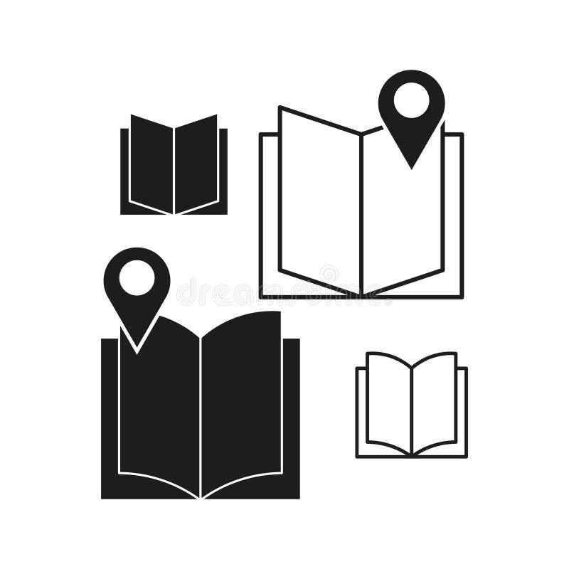 Book Location Icons. Black and White. Open Book with Map Pin. Simple ...