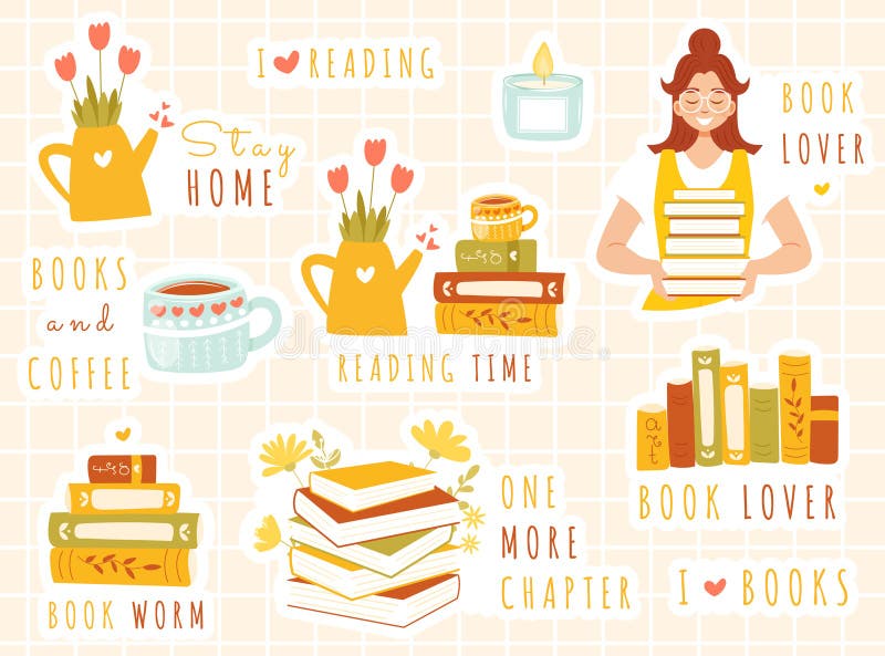 Set of Book Lover and Reading Stickers - Cute Vector Elements in Hand ...